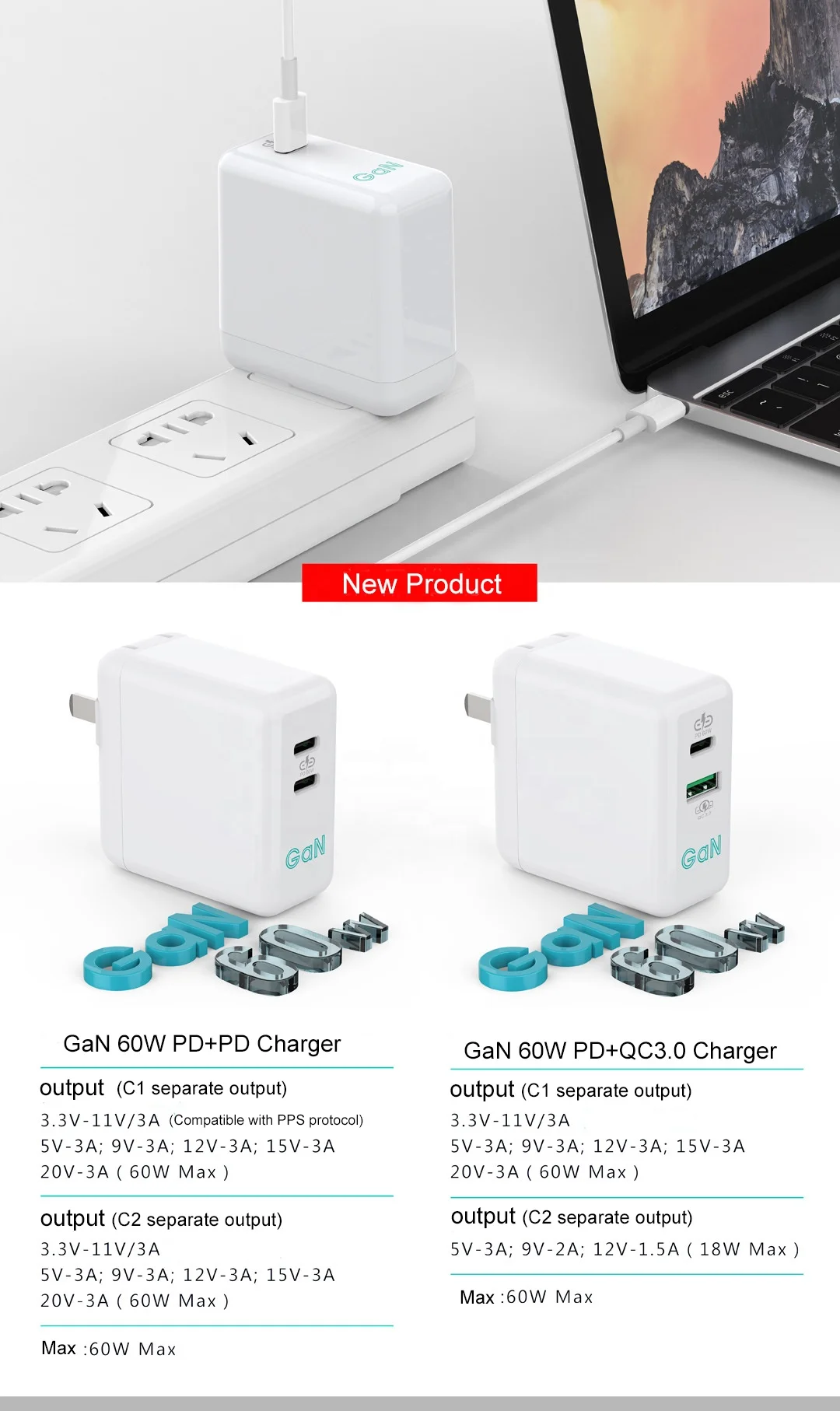 GAN Tech USB C 60W Type C Wall Charger 3A 65W Single USB Smart EU Fast ...