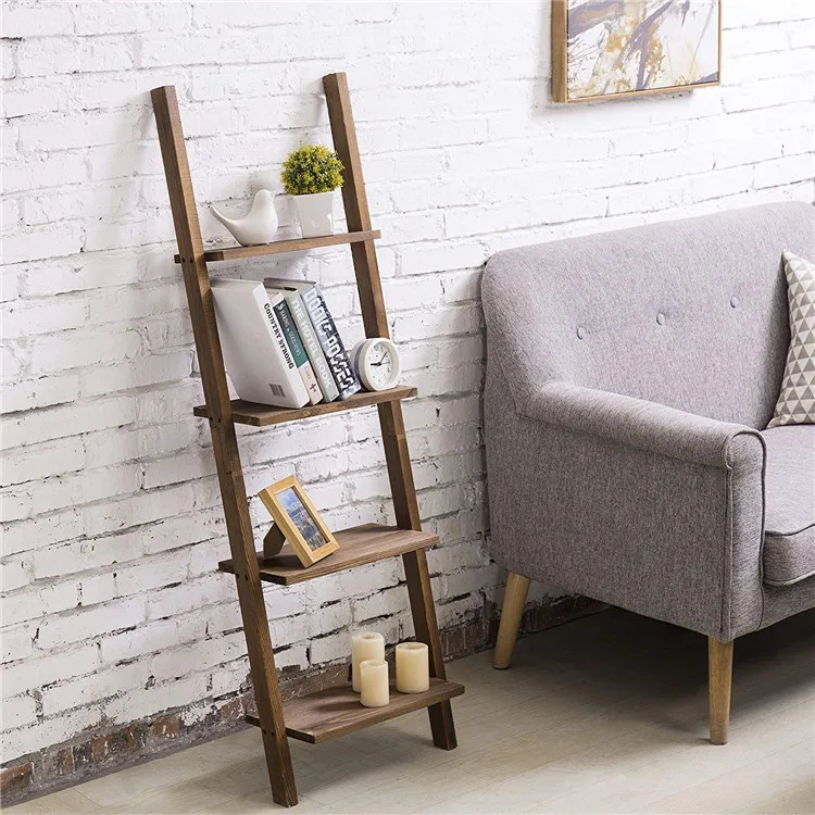 Rustic Blanket Ladder Wood Storage Ladder 4-tier Burnt Wood Decorative ...