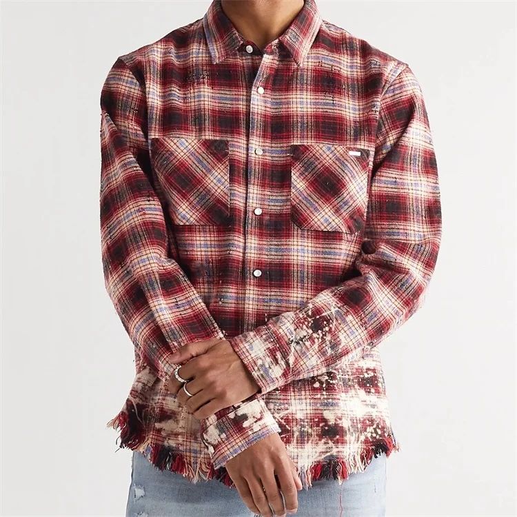 Custom Oversized Distressed Checked Cotton Flannel Mineral Acid Wash ...