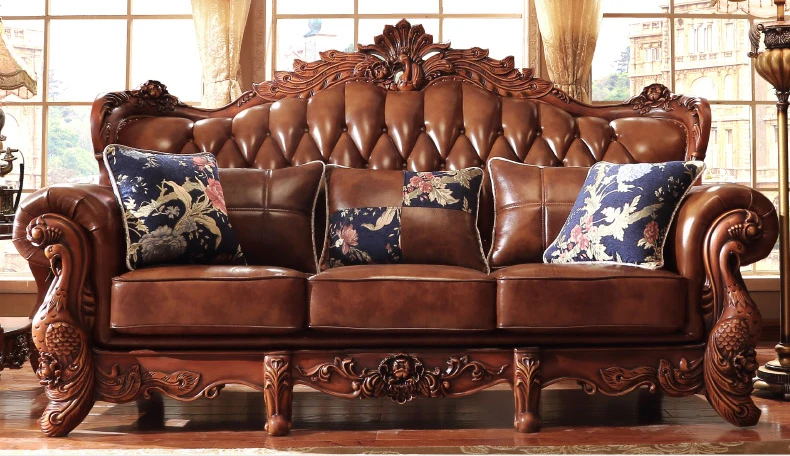 Luxury Classic Style Modern Simple Carving Solid Wood Leather Sofa Set ...