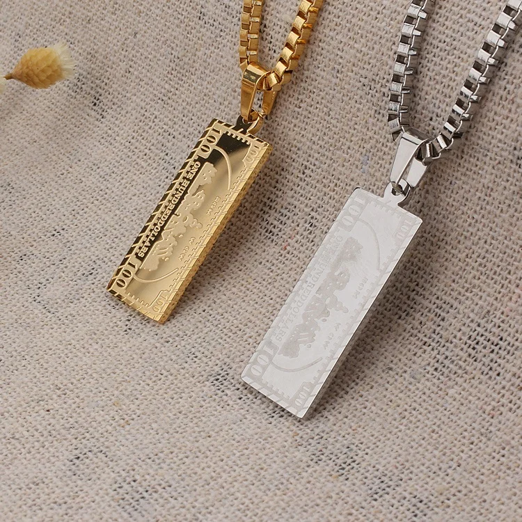 Hundred $100 Dollar Bill Pendant Necklace Gold Color Stainless Steel ...