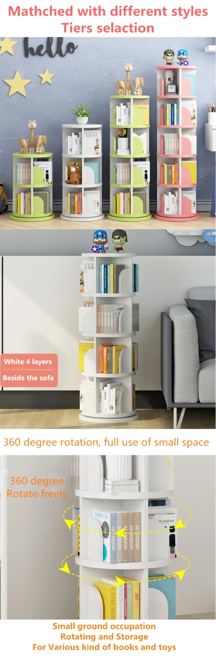 Rotating Bookshelf 360 Degree Rotatable Kids Bookshelf Home Furniture ...