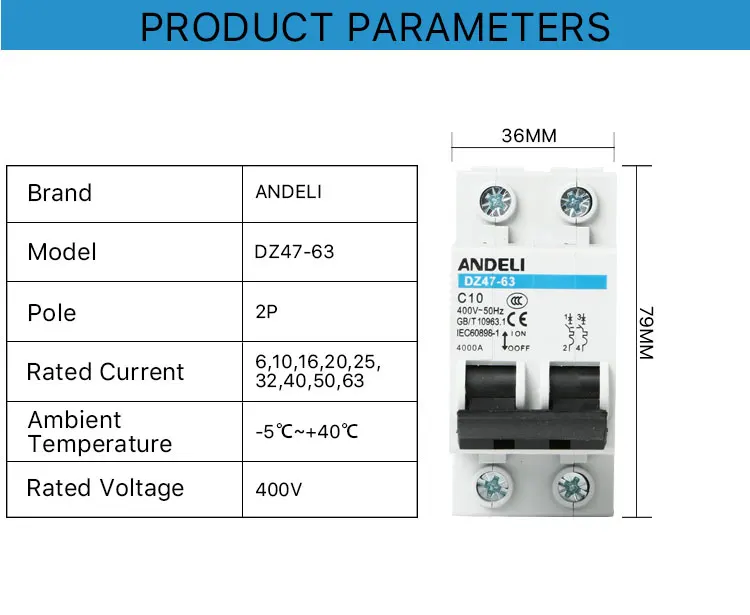 ANDELI Mcb DZ47-63 2P Miniature Circuit Breaker 16 Amps