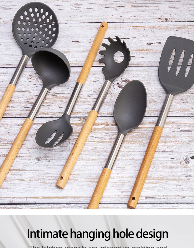 Custom 6 Pcs Nylon Kitchen Utensils Sets With Wood Handle Soup Ladle ...