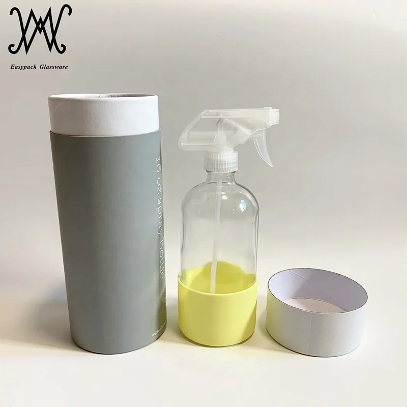 16oz Boston Round Spray Glass Bottle With Silicone Sleeve And Paper ...
