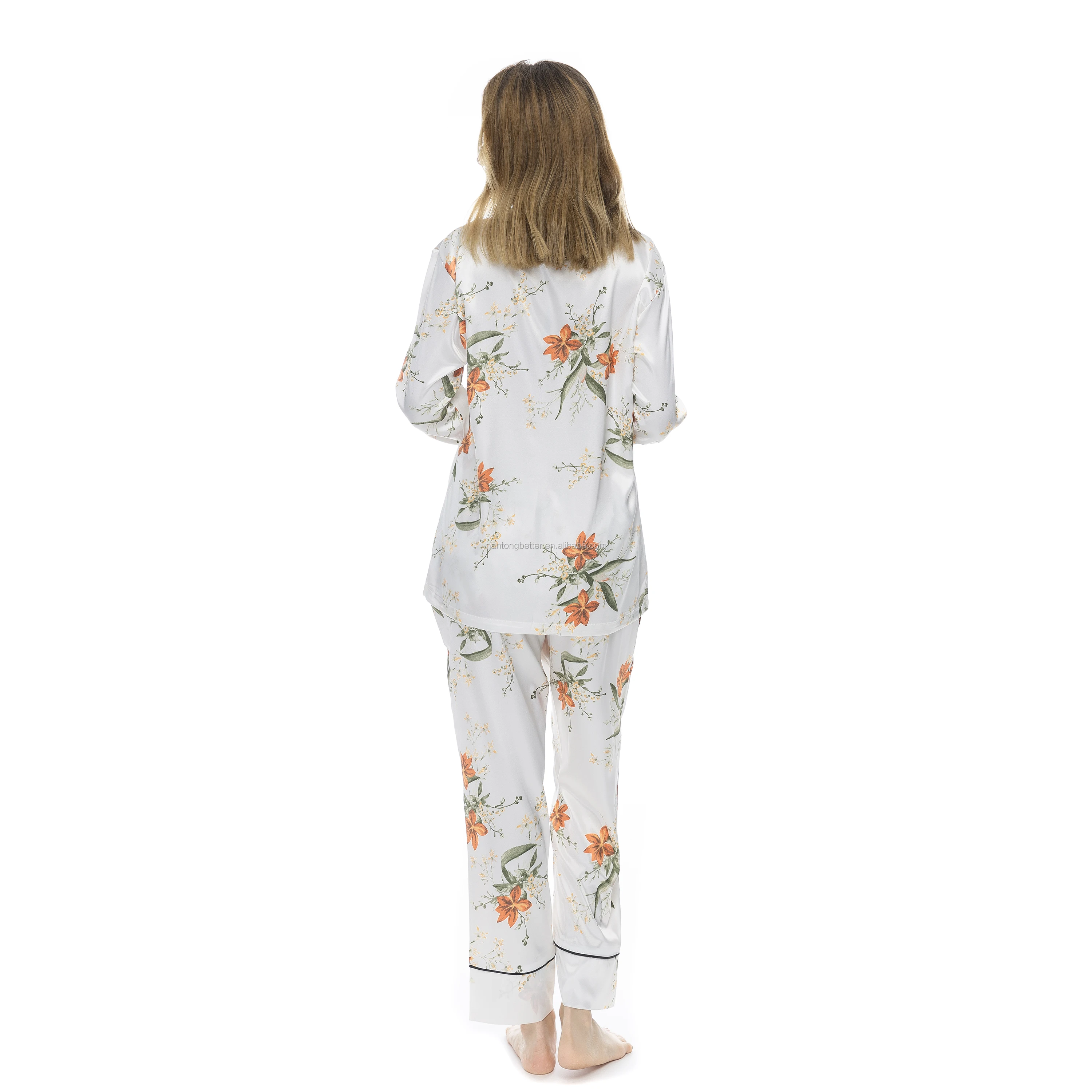 New Satin Yellow Flower Floral Printed Silk Pajamas Set - Buy Pajamas ...