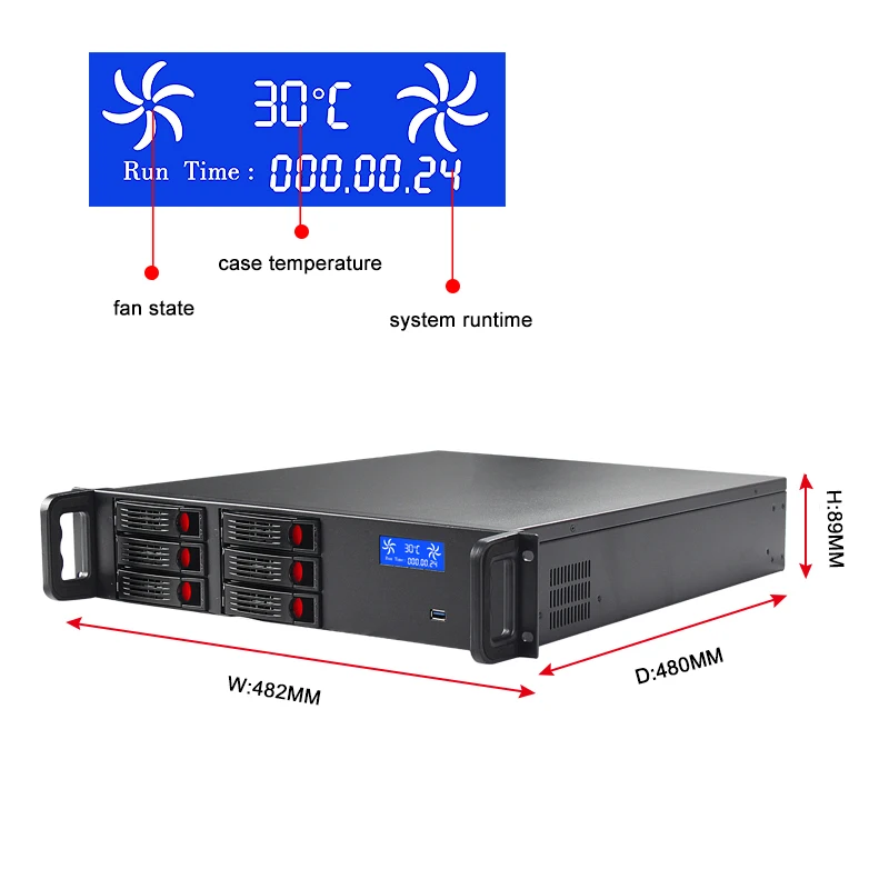 2U 6 Bay Server Case with LCD Screen - Hot Swap Support
