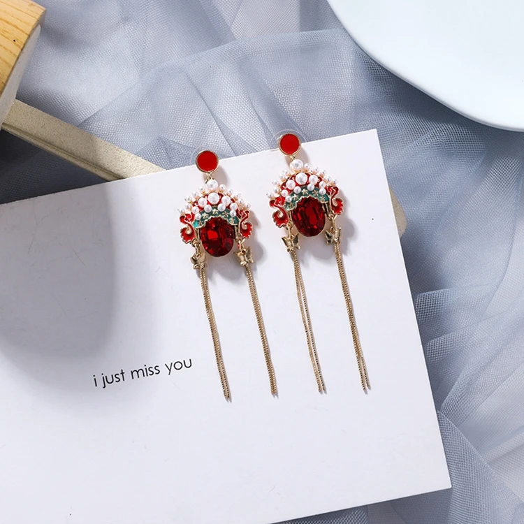 Traditional Peking Opera Chinese Earring Jewelry Red Enamel Crystal ...