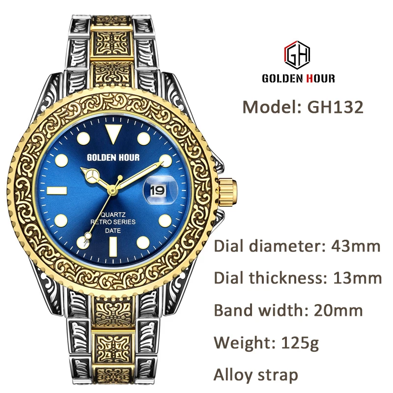 Golden Hour Brand Fashion Men Wrist Watches Alloy Vintage Print Male ...