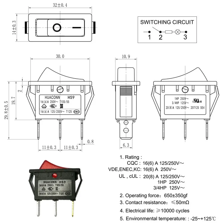 Factory 3 Pins Rocker Switch - DEWO T125 16a 250v UL Cert