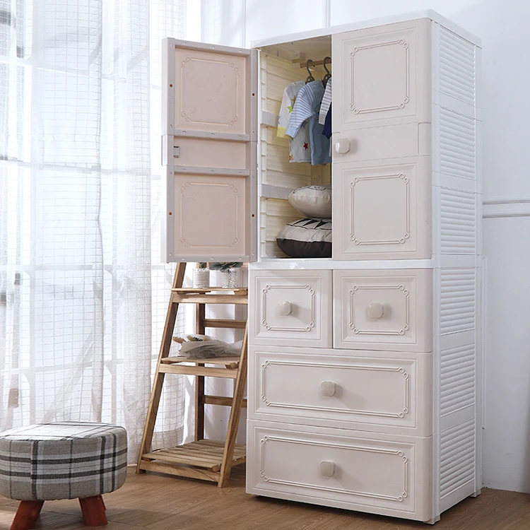 Bedroom Plastic Clothes Cupboard Cabinet 4 Layer Clothes Hanging ...