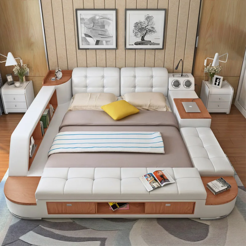 Leather New Classic Multifunction Bed With Storage Box Storage Solid ...