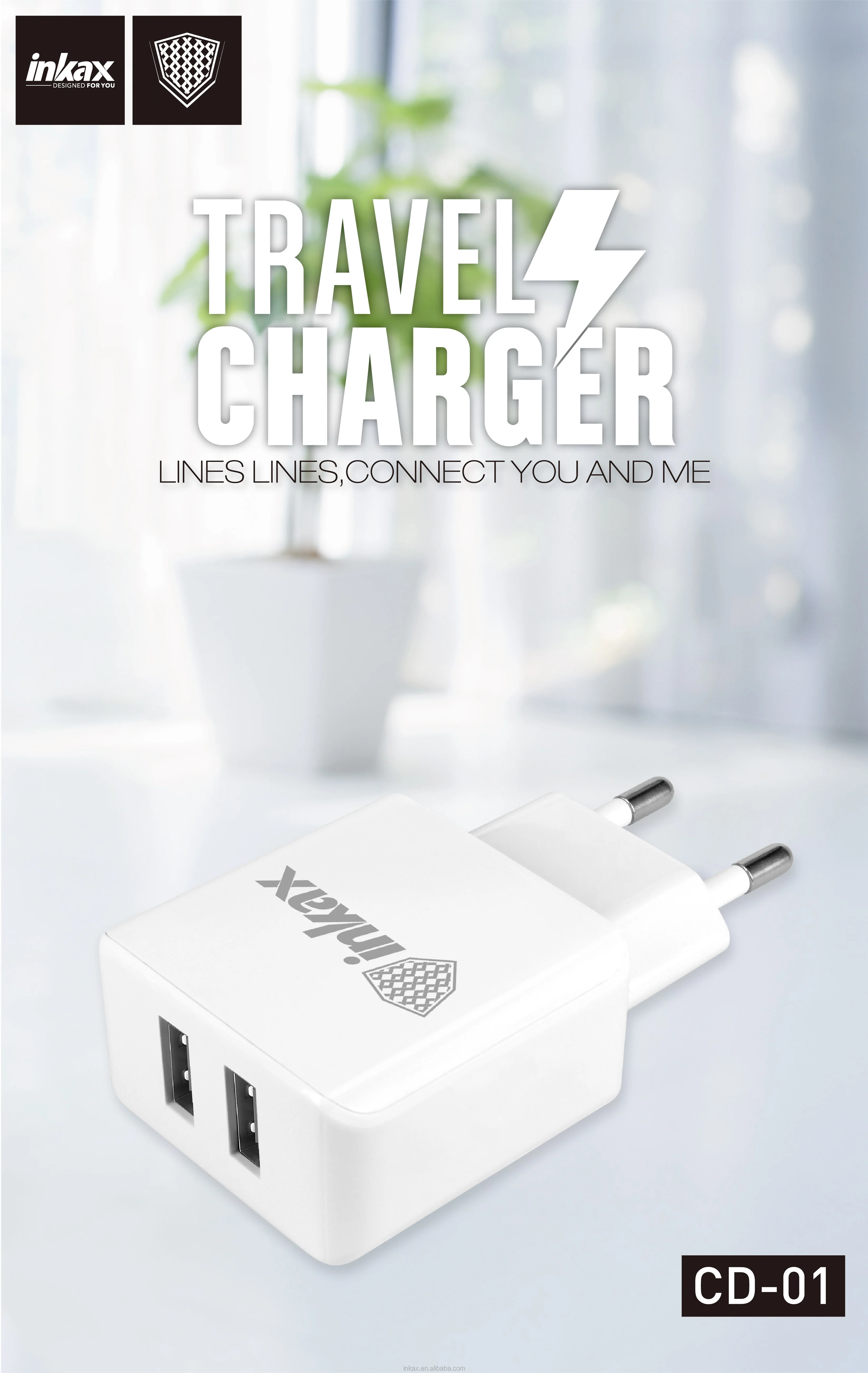 Inkax CD-01-TYPE C 2.4A Dual USB EU Plug Charger for Travel
