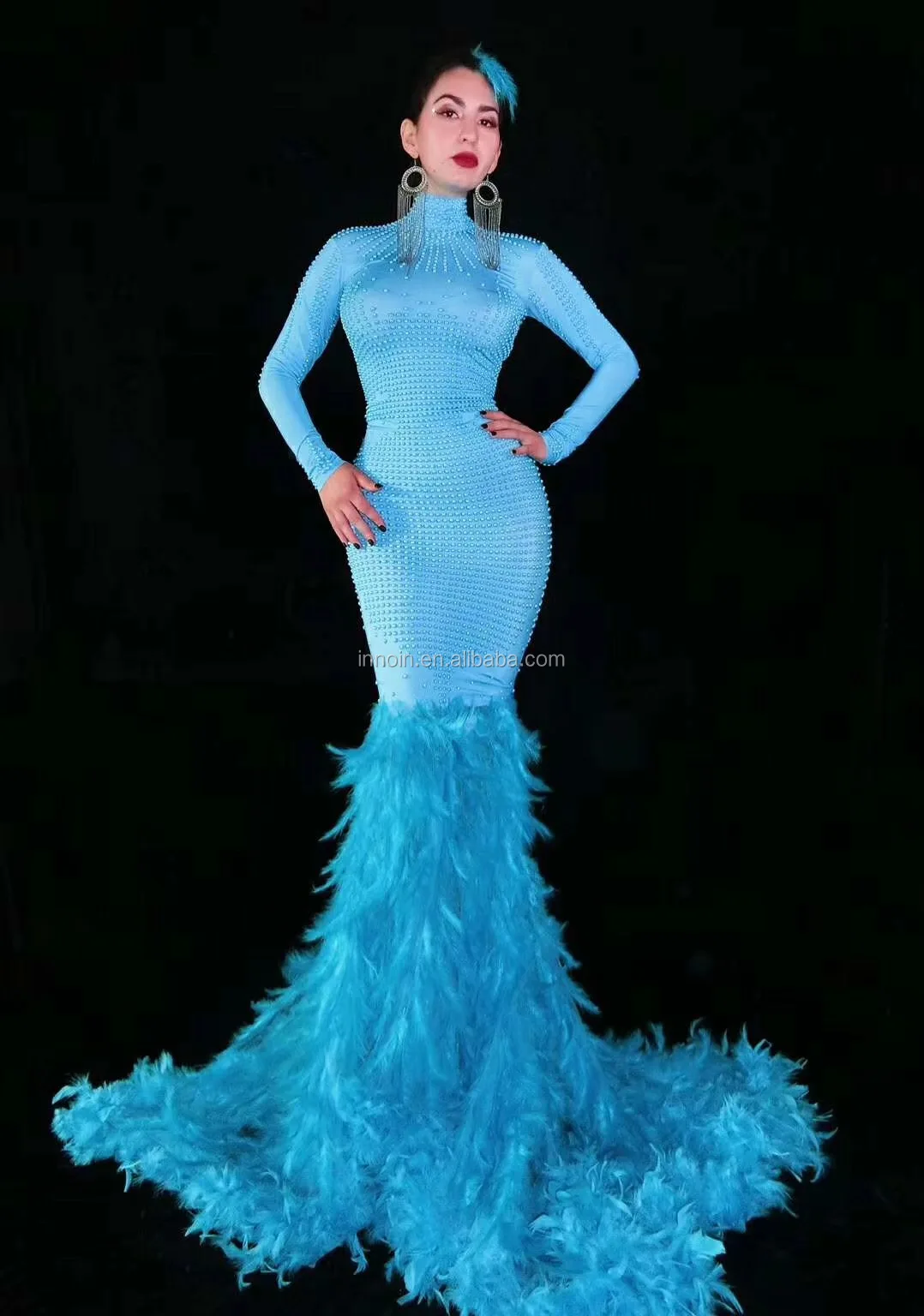 Singer Stage Dance Costume Ballroom Perform Blue Pearl Evening Long ...