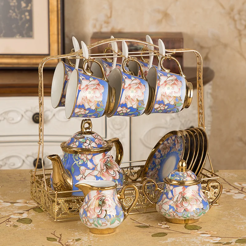 16 Piece European Retro Tea Set with Metal Holder Porcelain Cups