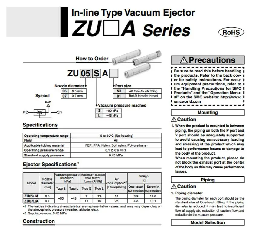 Tubular Vacuum Generator Zu05s Zu05l Zu07l Straight Through Negative ...