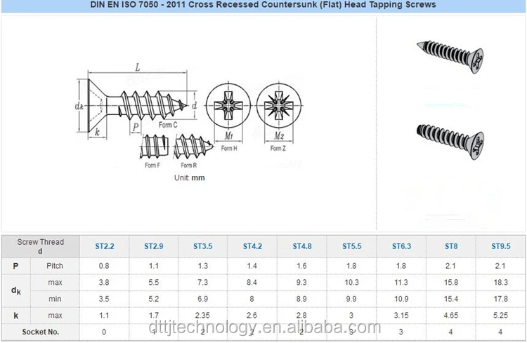DIN EN ISO 7050 Cross Countersunk Philips CSK Head Tapping Screw