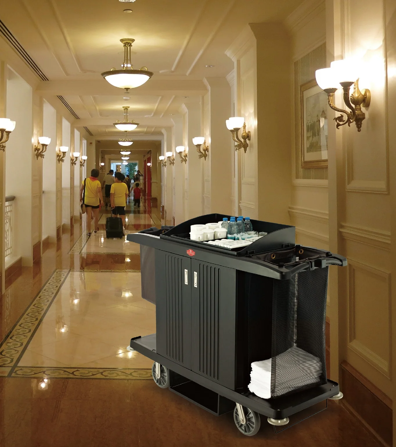 Hotel Plastic Maid Cleaning Housekeeping Trolley With Two Durable Bags ...