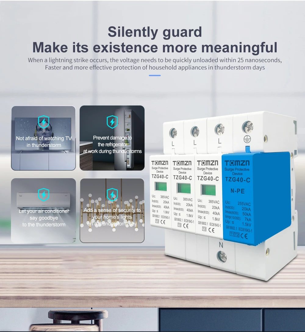 AC SPD 3P+NPE 50KA T1 T2 385V 255V - House Surge Protector