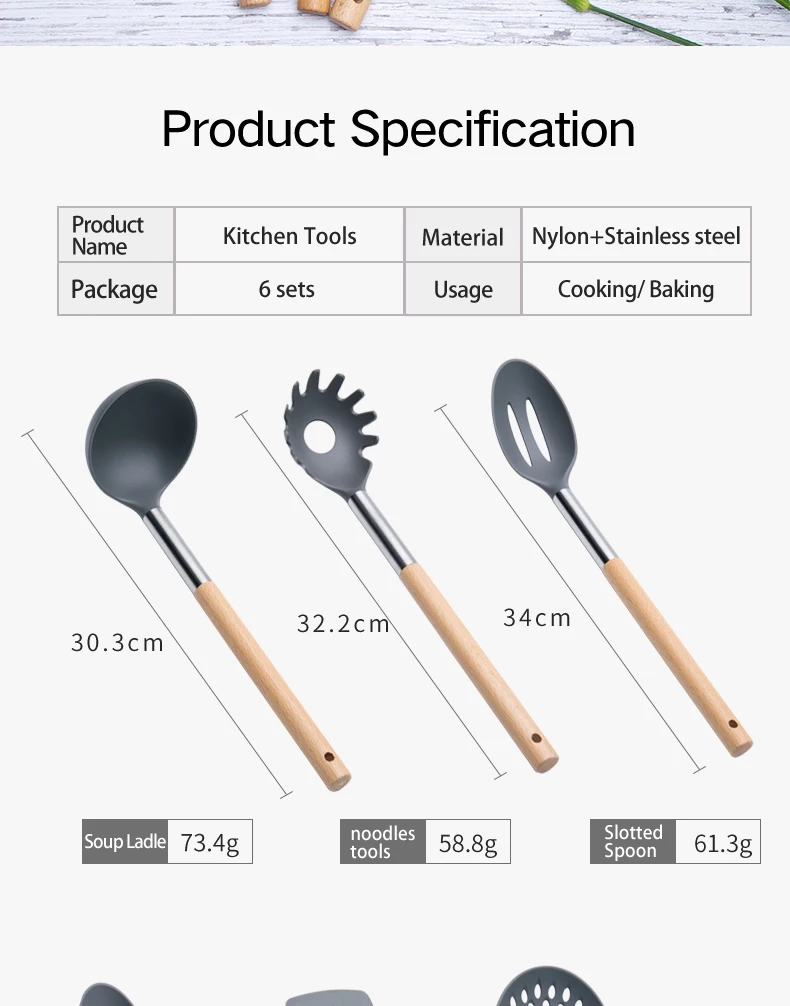 Custom 6 Pcs Nylon Kitchen Utensils Sets With Wood Handle Soup Ladle ...