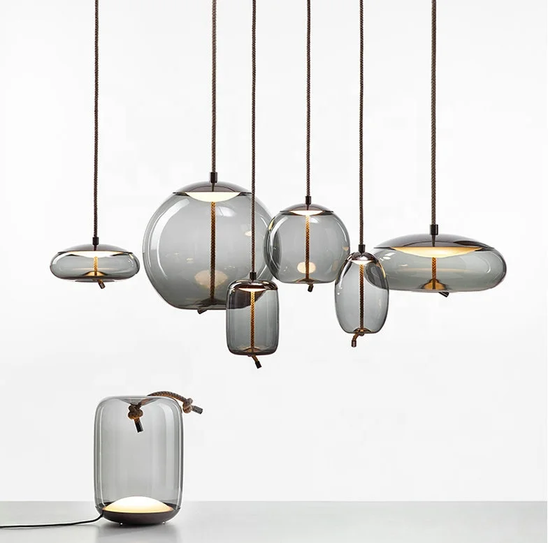 Nordic Glass Rope Pendant Light Modern Glass Ball Chandelier With Rope ...