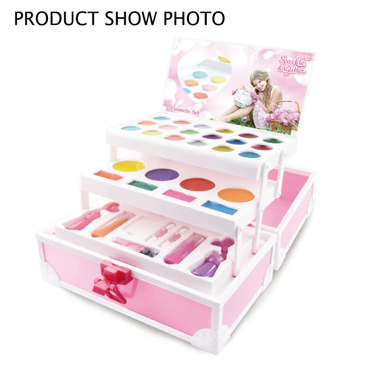3 Shelf Fashion Girls Beauty Makeup Toy Pretend Play Cosmetics Case Set ...