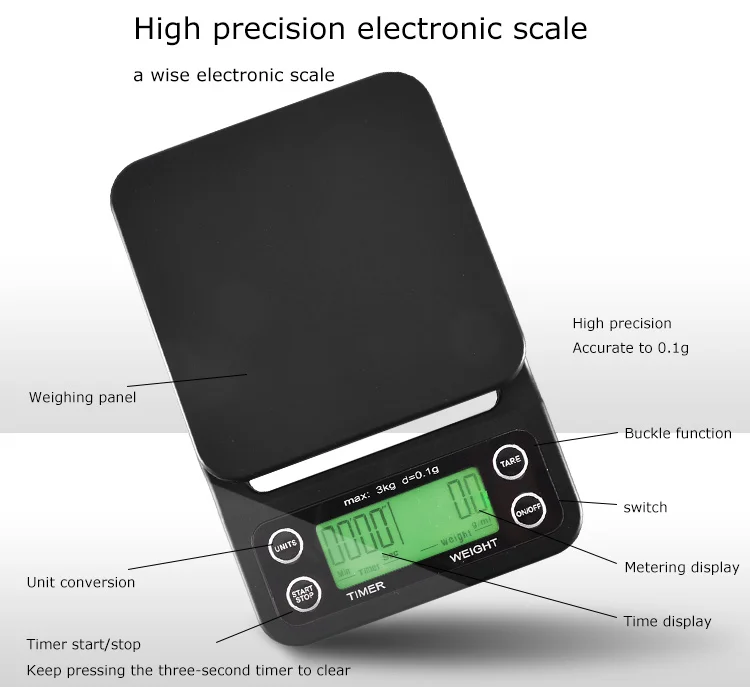 High Precision Lcd Digital Scales 3kg/0.1g Drip Coffee Scale Electronic ...