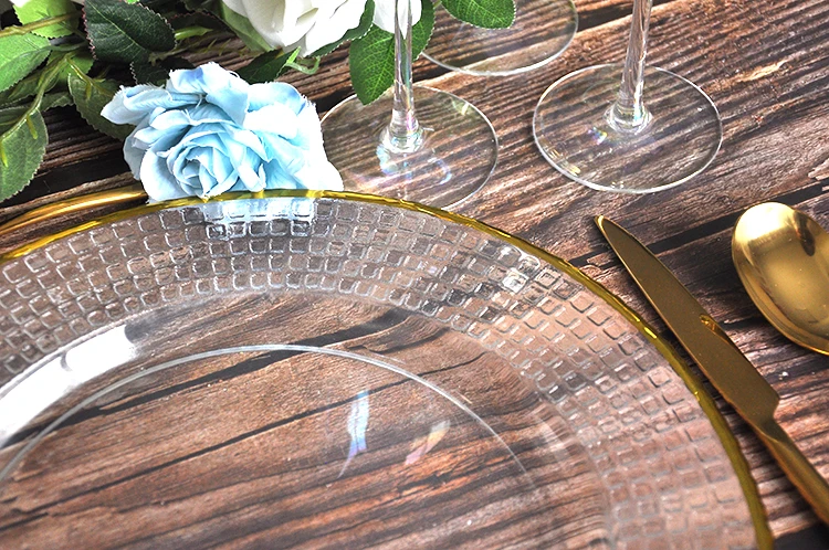 Luxury Wedding Dinnerware Clear Gold Rimmed Glass Charger Plates Eco ...