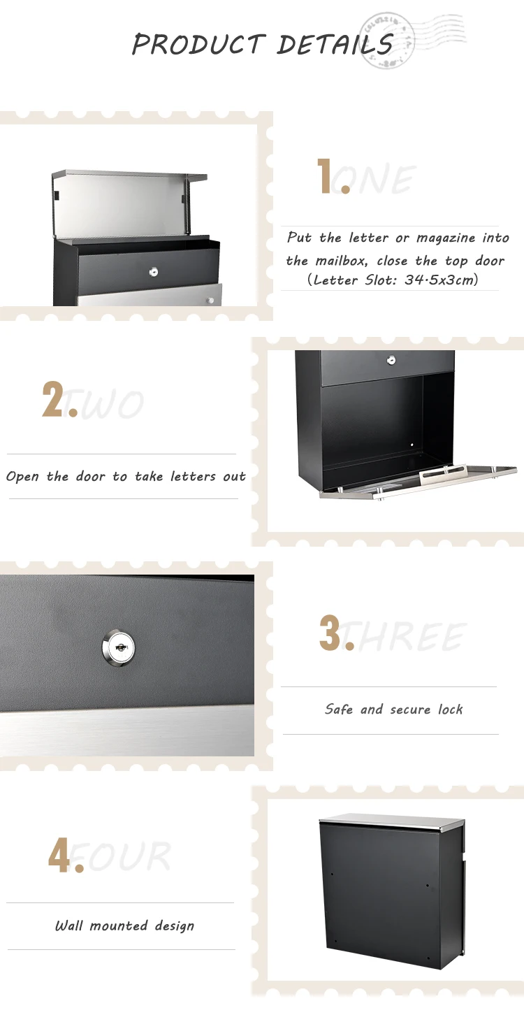 Outdoor Wall Mounted Box Powder Coated Metal Mailbox Locked Letter Box