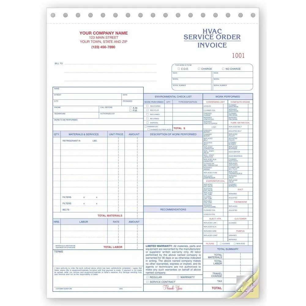 Custom 3 Part Carbonless HVAC Invoice & Repair Detail Form