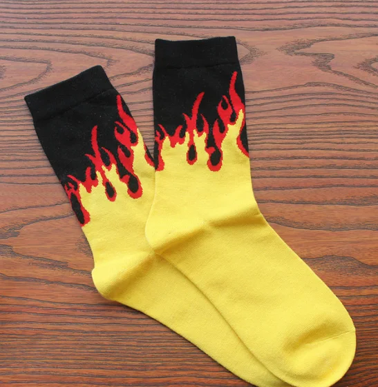 Men Fashion Hip Hop Hit Color On Fire Crew Socks Red Green Blue Flame ...
