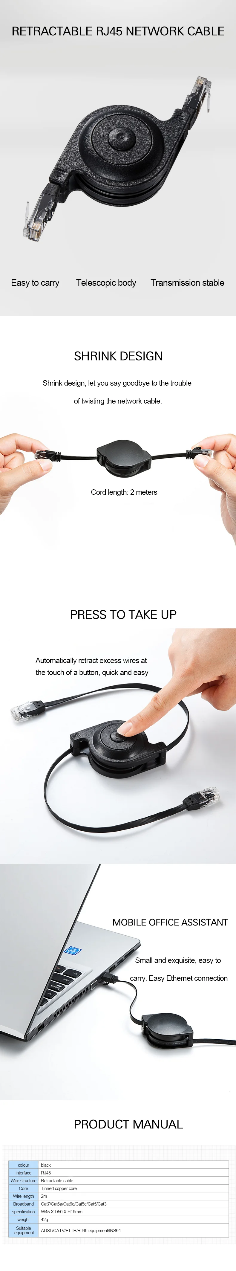 Disaer Flat Retractable Portable Rj45 M To M Cat6 Cable Network Lan ...