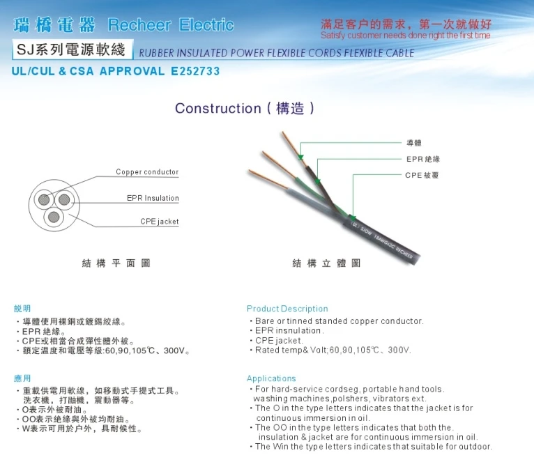 UL SJ SJO SJOO SJOW SJOOW 2C 17AWG 3C 17AWG Rubber Cable