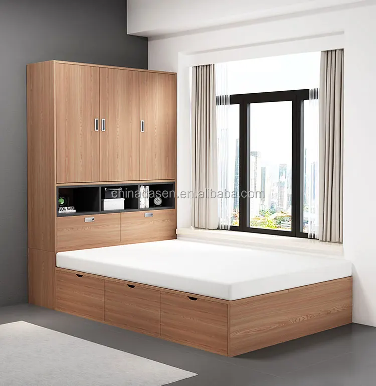 Modern Storage Tatami Bed with Wardrobe - Wood Style
