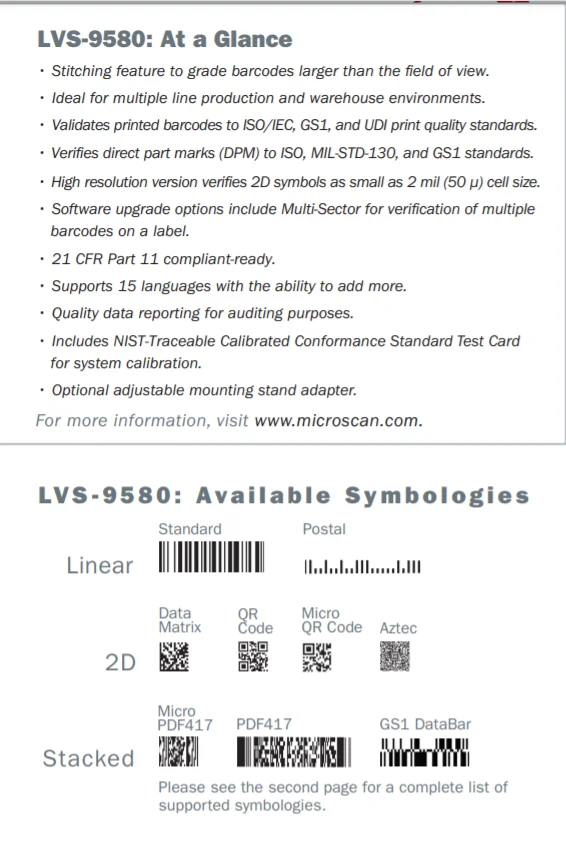 Microscan LVS-9580 Handheld Barcode Verifier - ISO/IEC Standards