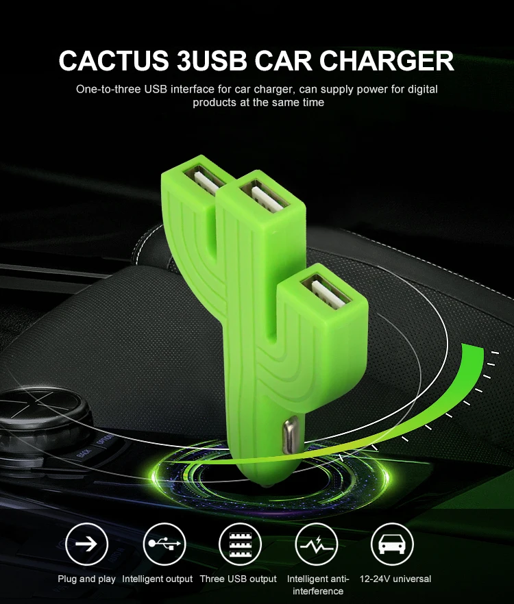 3In1 Cactus Charger 3 Usb Port Cigarette Lighter Qc3.0 Fm Transmitter ...