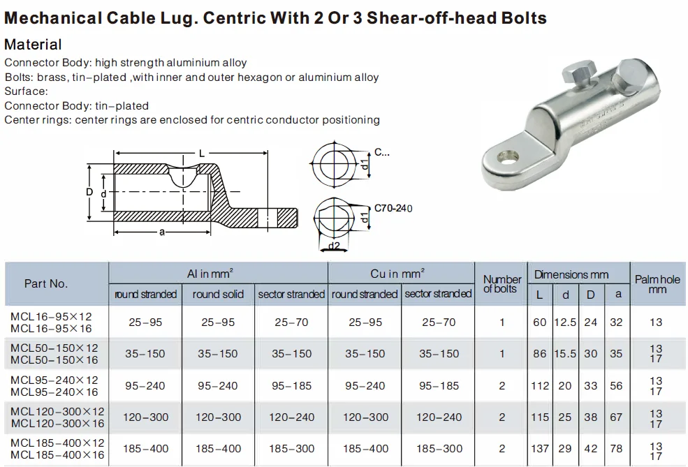 Aluminum Mechanical Terminal Cable Lugs with Shear off Head Bolt