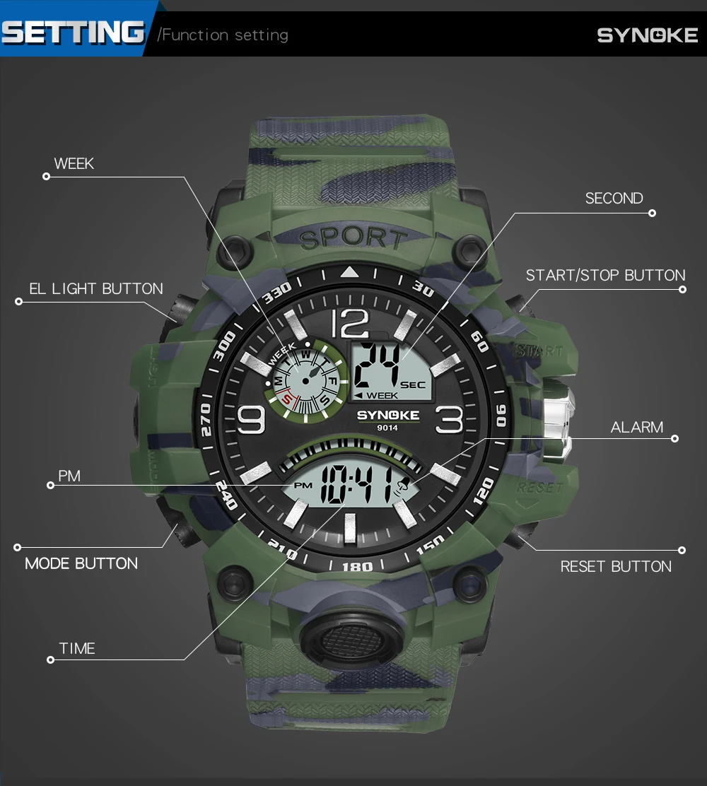 Synoke Men's Multifunctional Outdoor Large Screen Men's Sports Watch ...