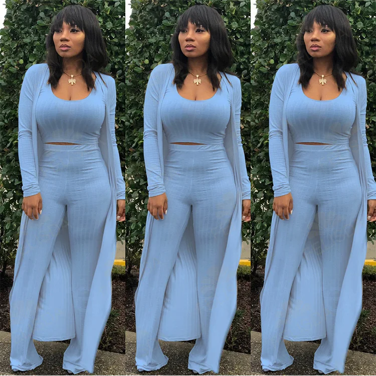 Women Casual Pants Suits Crop Top Tank Wide Loose Leg Pants Long Sleeve ...