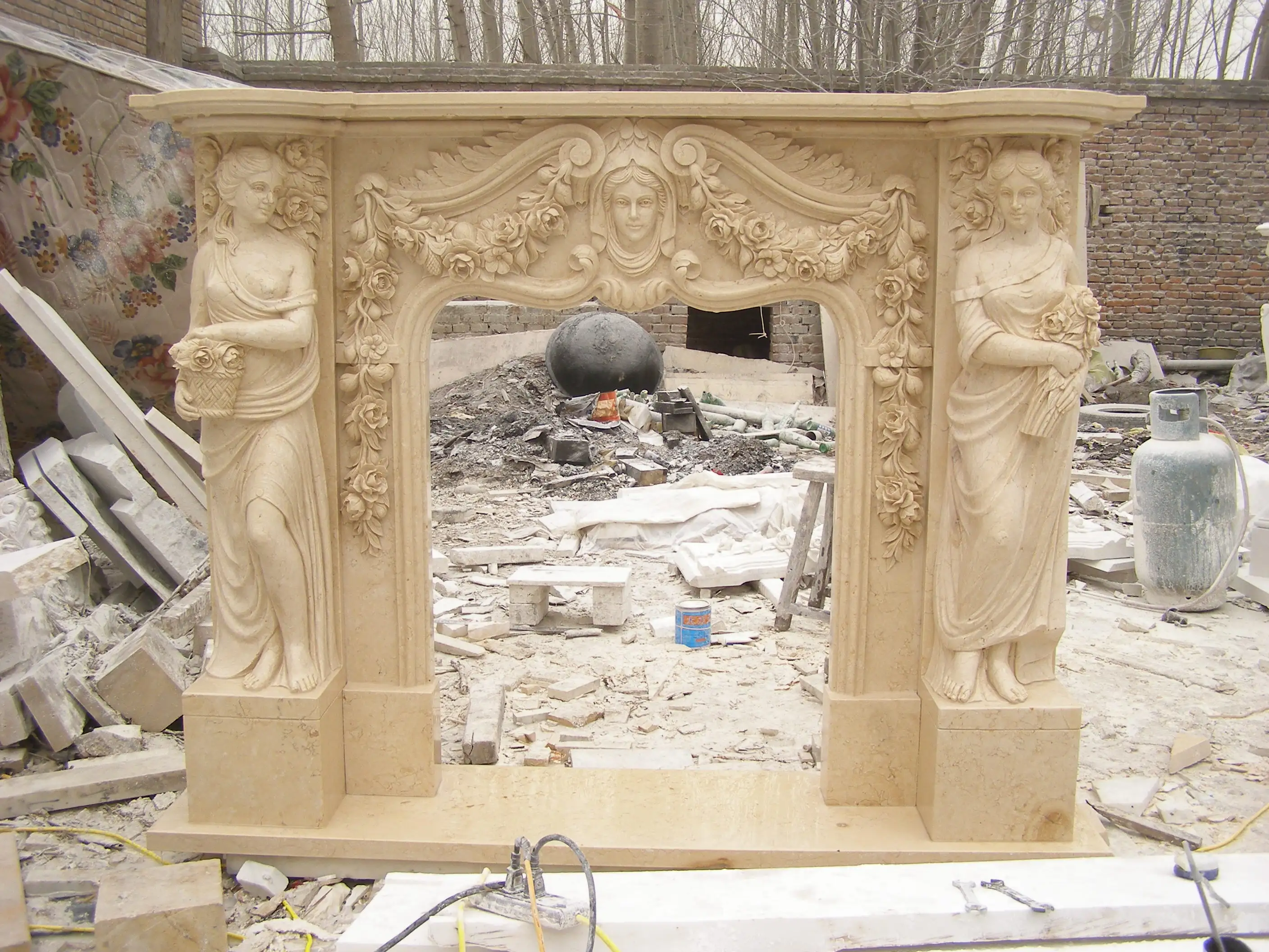 Condor Fireplace - Elegant White Marble Mantel Statues