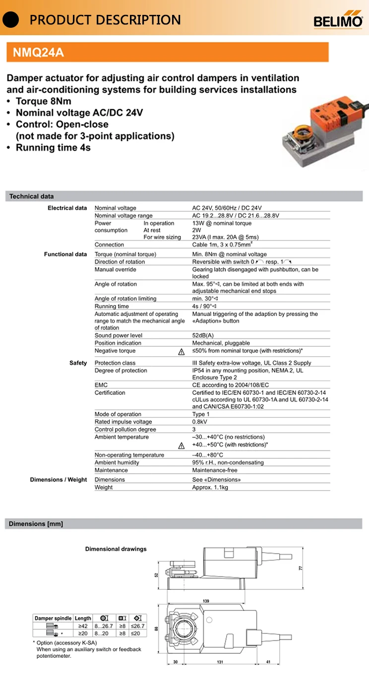 Belimo Nmq24a 08nm Fast Running Ac24v Modulating Type Motorized Damper ...