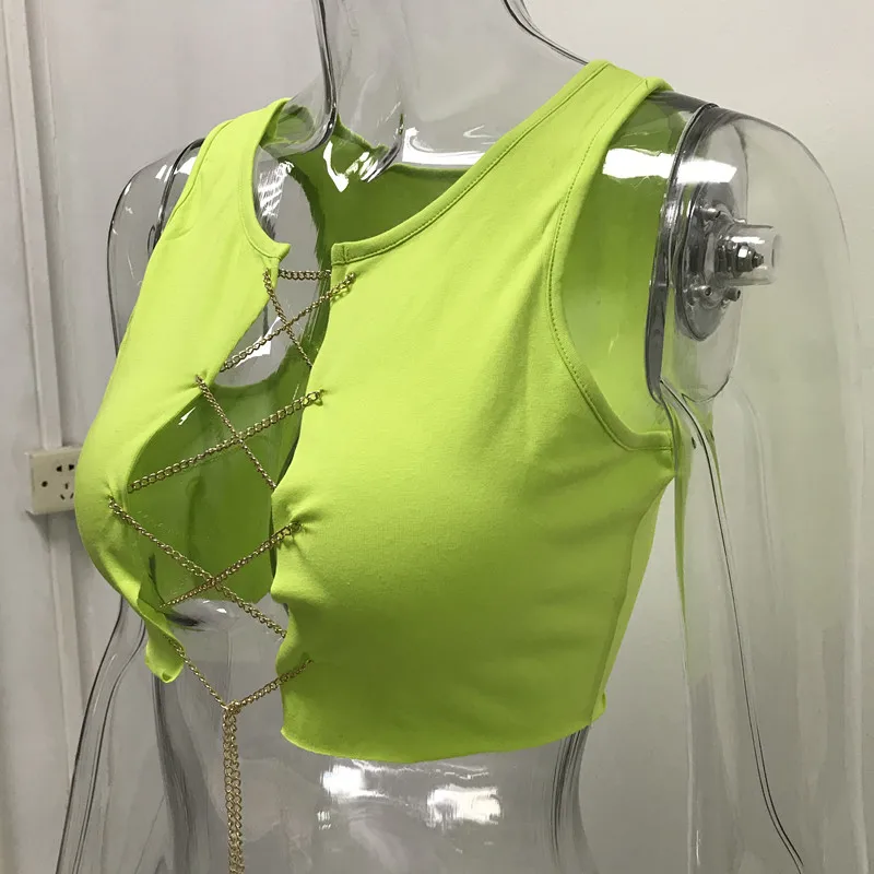 Chain Sexy Crop Tops Women T Shirt Lace Up Sleeveless Nightclub Top