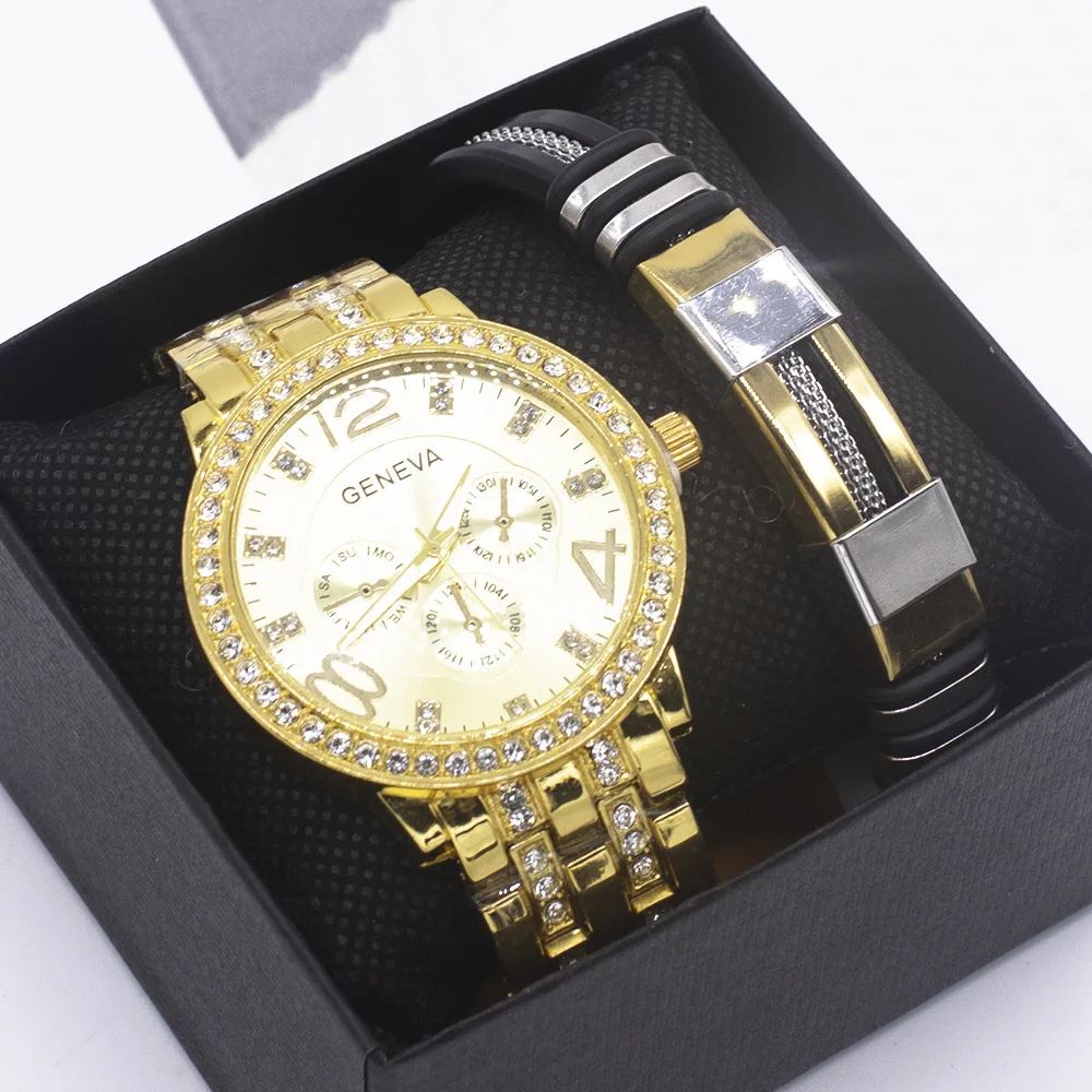 Men's Watch Set - Luxury Diamond Bracelet & Classic Watch