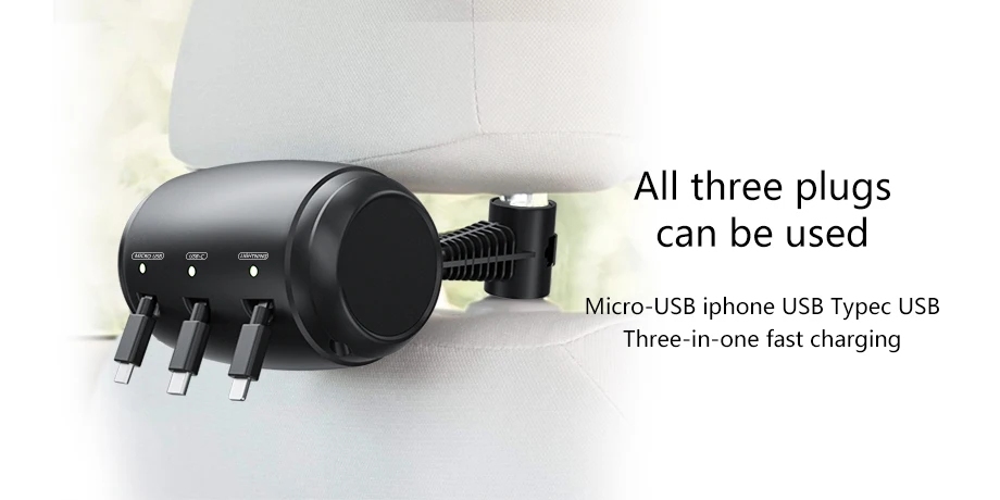 Car Headrest Universal Phone Charger Retractable Cord 3 In 1 Power ...