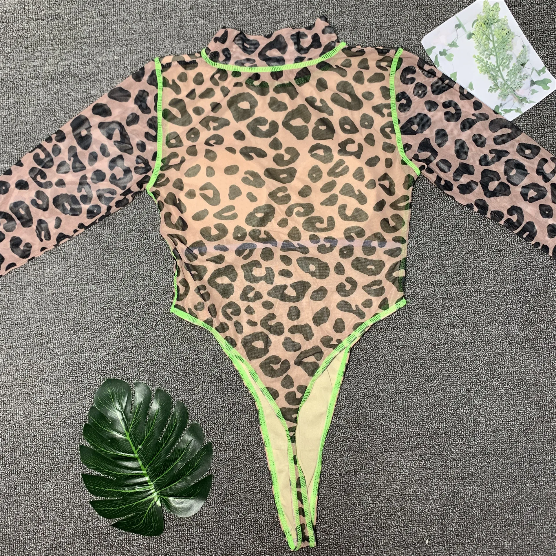 Female One Piece Long Sleeve Mesh Swimsuit For Women Leopard Monokini ...