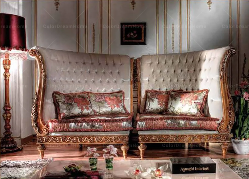 Luxury Classic Wood + Red Fabric Sofa Set French Antique Sofa