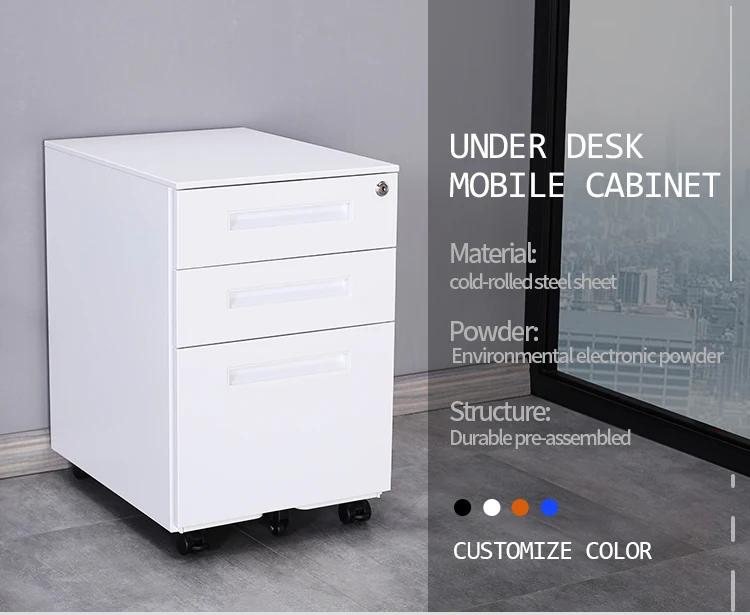 Small Under Desk White Metal Handle 3 Drawer Mobile Office File Storage ...