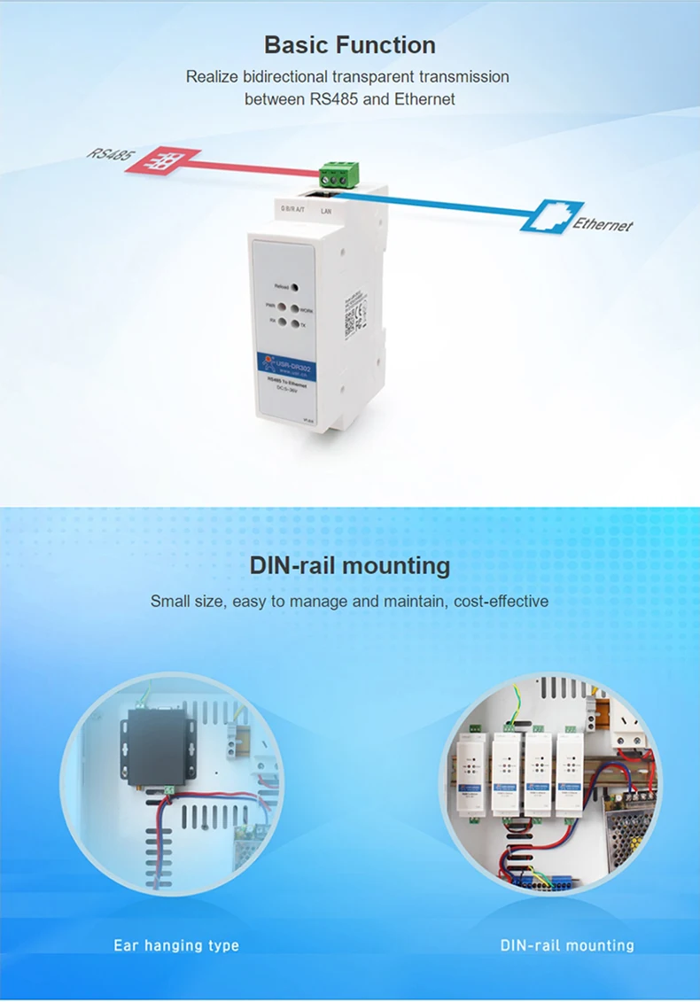 USR-DR302 Din-Rail Modbus RTU to TCP RS485 to Ethernet Converter