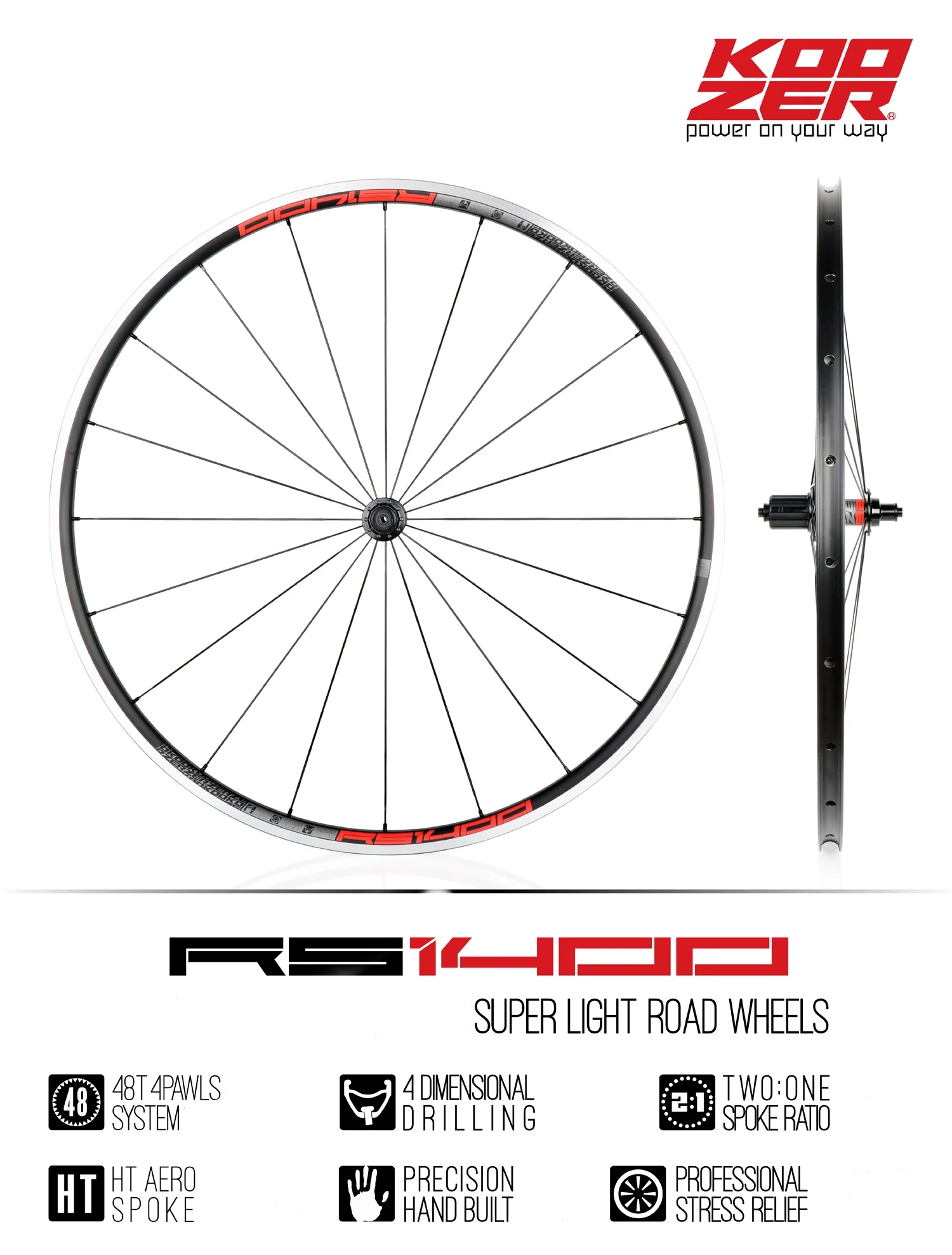 Koozer RS1400 Aluminium Roadbike Wheelset - 700cx23-35c