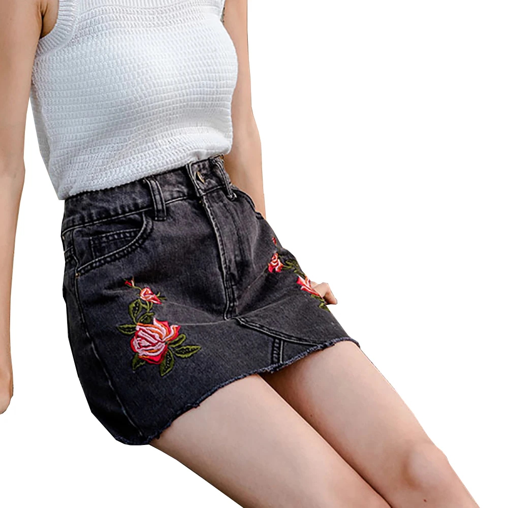 Sexy Skinny Women Embroidered Denim Mini Skirt Black Classic Floral Embroidered Jeans A Line